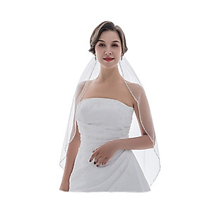 SAMKY 1T 1 Tier Crystal Pearl Beaded Edge Bridal Wedding Veil - White Fingertip Length 36" V575