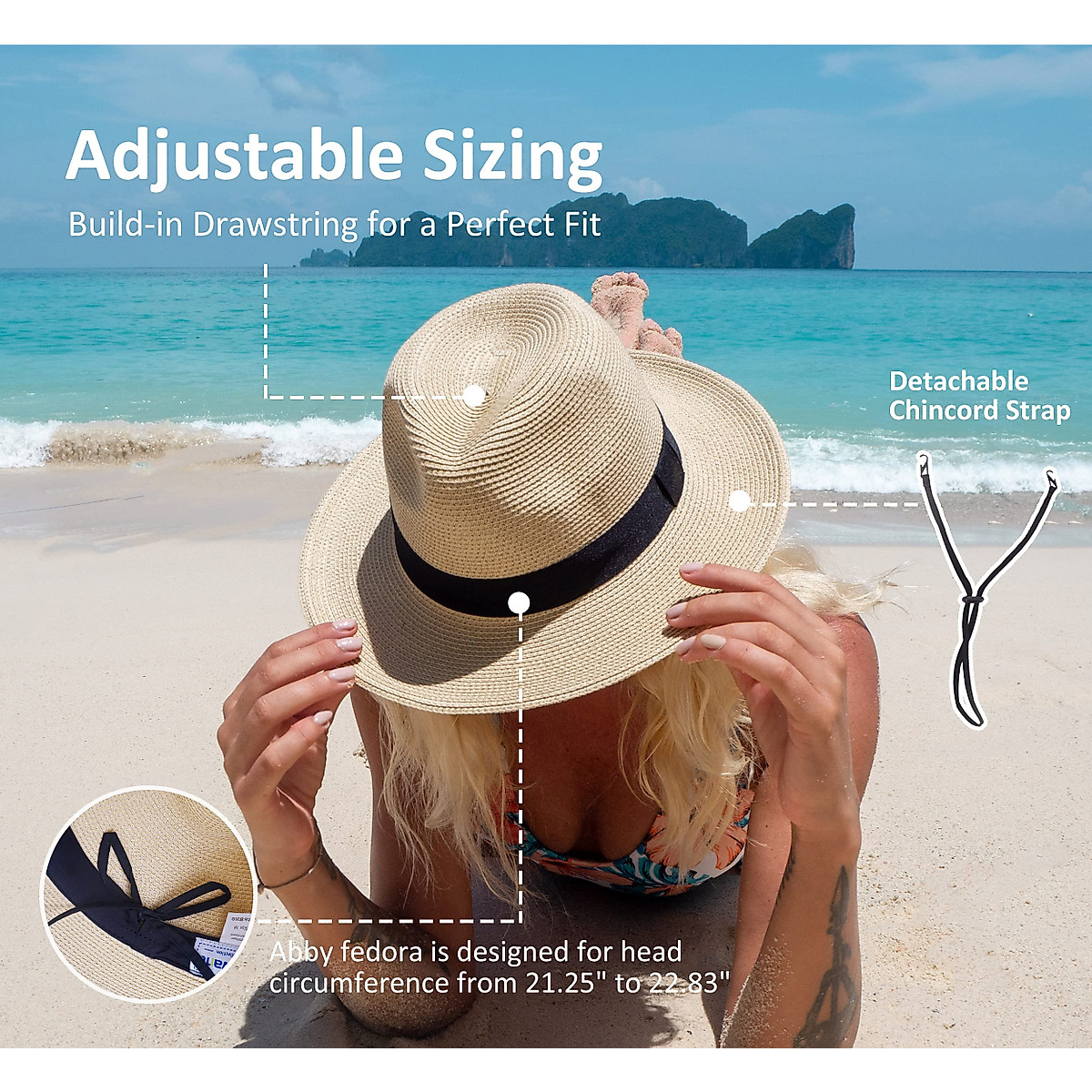 Joywant Abby Straw Sun Hat for Women with UV Protection Wide Brim Wind Lanyard,Travel Foldable Summer Beach Hat Panama Fedora-Beige