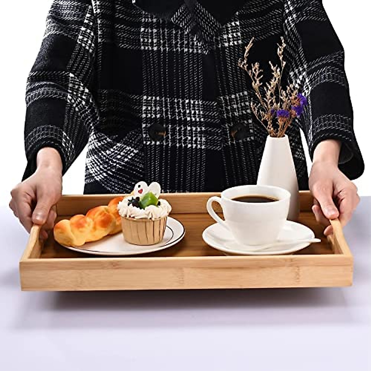 Bamboo Tray with Handle Rectangular Dinner Plate, Wooden Breakfast Tray Coffee Table Tray Suitable for Eating