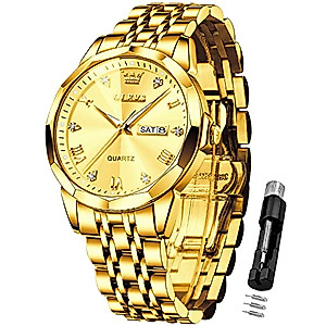 OLEVS Gold Watches for Men Diamond Business Dress Analog Quartz Stainless Steel Date Luxury Casual Fashion Wrist Watch Waterproof Luminous