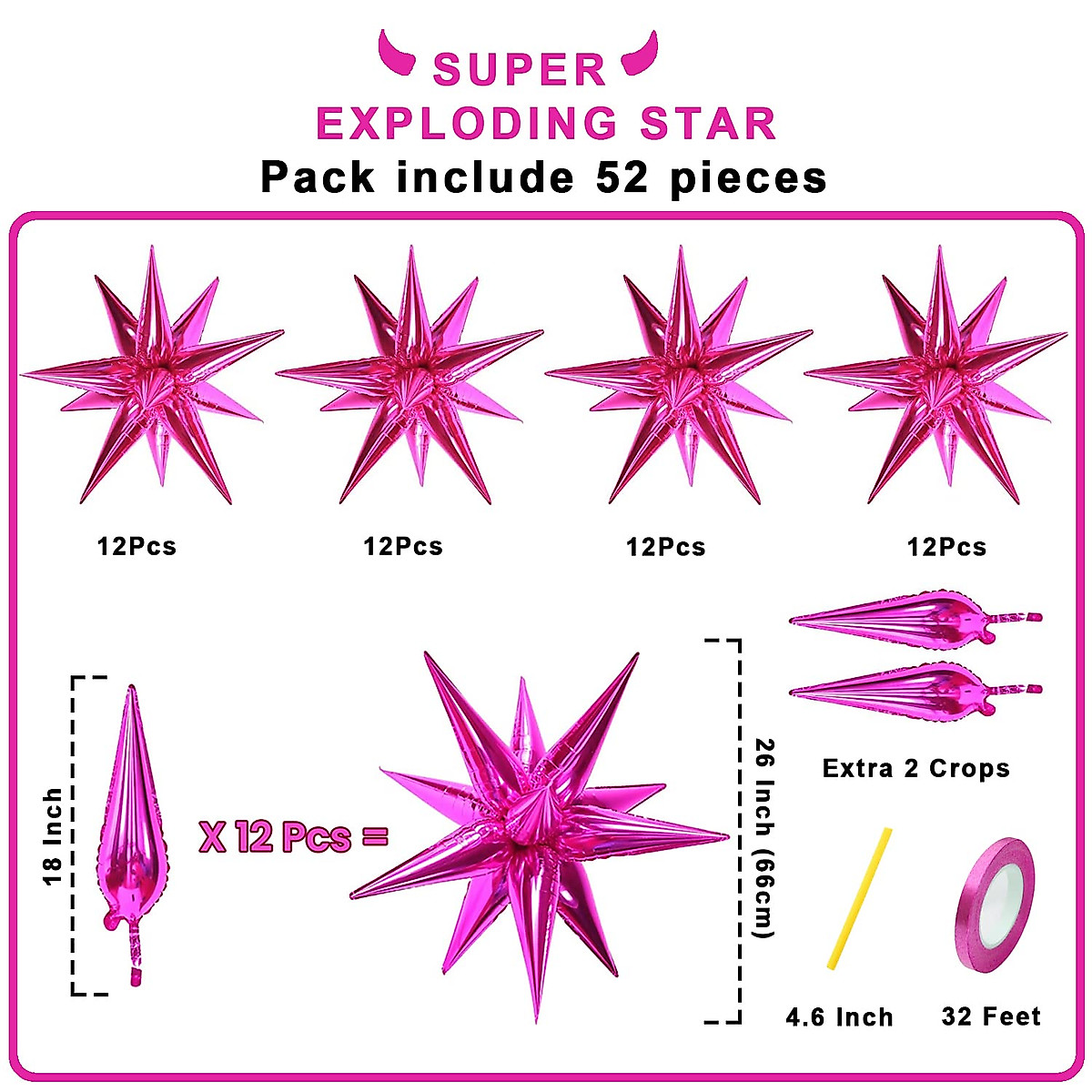 FUNTOOB Hot Pink Balloons Star Balloons Metallic Star Foil Balloons Hot Pink Star Cone Balloons Starburst Balloon Spike Balloons for Birthday Graduation Business Event Christmas Decorations (50Pcs)