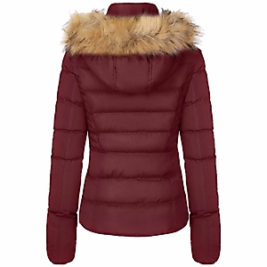 BodiLove Thickened Winter Puffer Jacket with Removable Faux Fur Hood Fleece Lining Burgundy