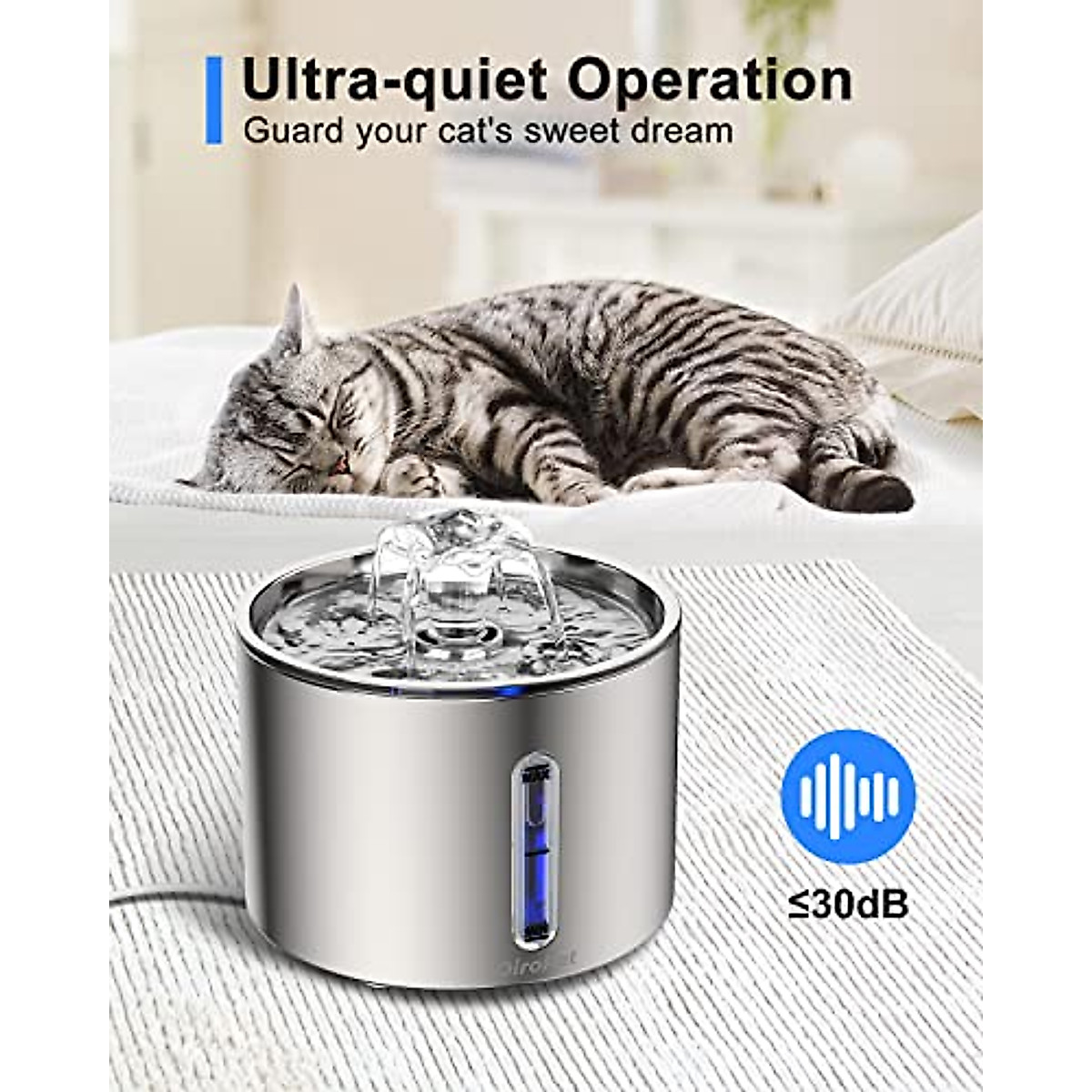 DiroPet Cat Water Fountain Stainless Steel, 84Oz/2.5L Automatic Pet Water Fountain for Cats Inside, Blue Red Water Level Window Cat Fountain,Fountain FilterX2, Pump FilterX2,PlugX1