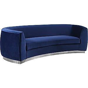 Meridian Furniture Julian Collection Modern | Contemporary Velvet Upholstered Sofa with Stainless Steel Base in Polished Chrome Finish, Navy, 91.5" W x 36" D x 28" H