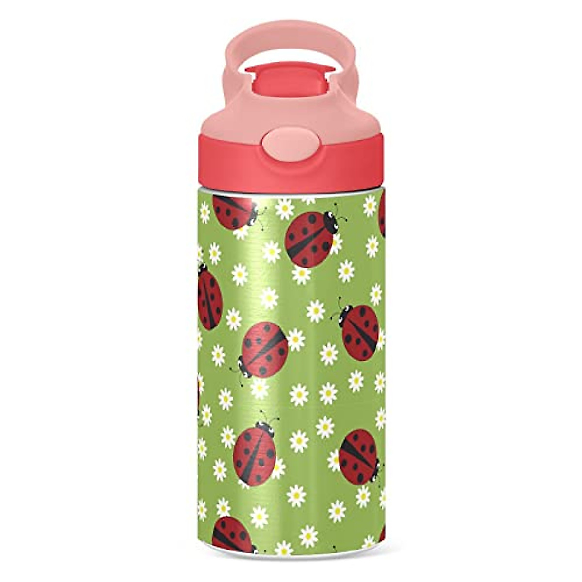 ALAZA Ladybug Kids Water Bottles with Lids Straw Insulated Stainless Steel Water Bottles Double Walled Leakproof Tumbler Travel Cup for Girls Boys Toddlers 12 oz,Pink