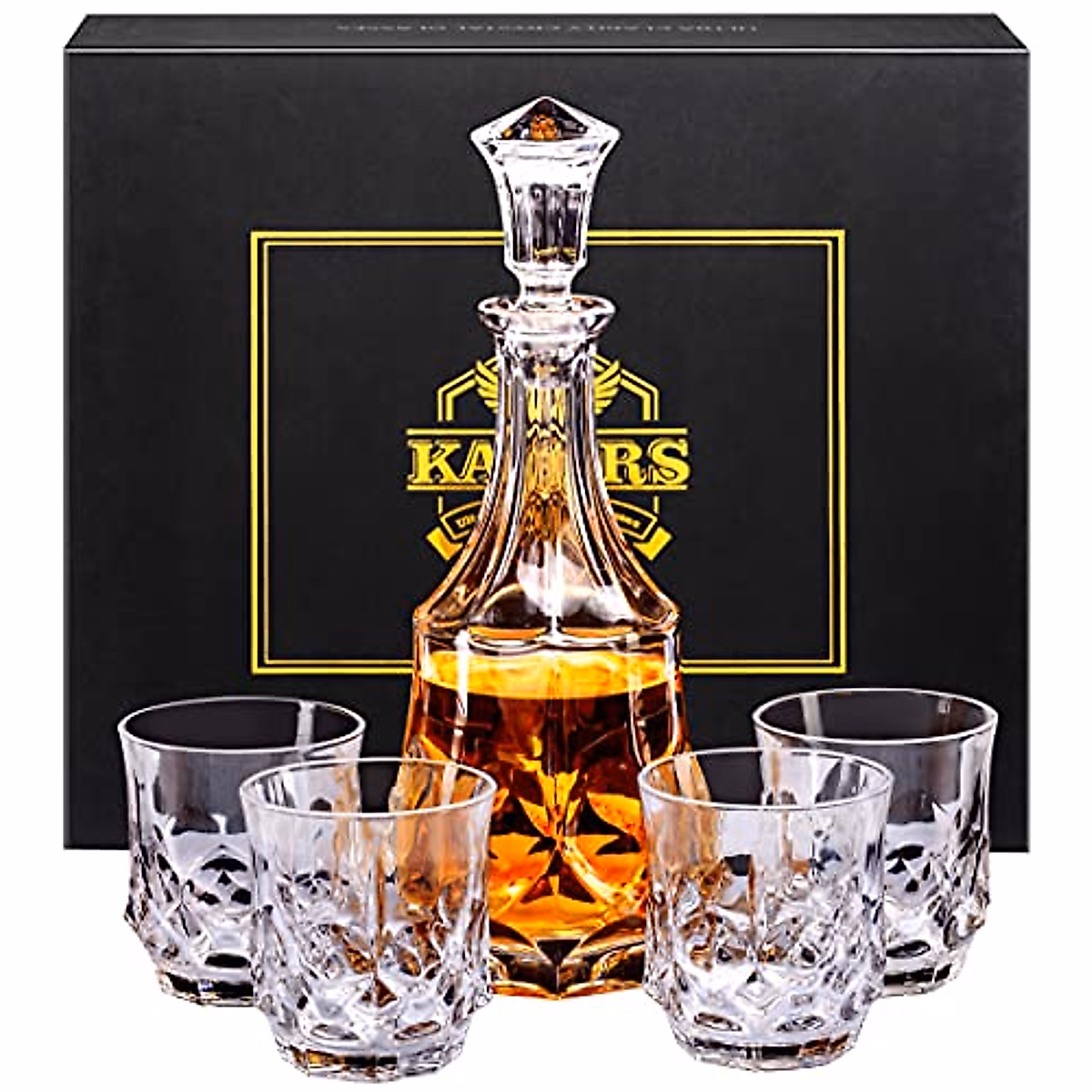 KANARS Whiskey Decanter Sets for Men, 25 Oz Liquor Decanter with 10 Oz Crystal Glasses in Luxury Box for Bourbon Scotch Rum Tequila Vodka, Whisky Gifts for Father's Day Birthday