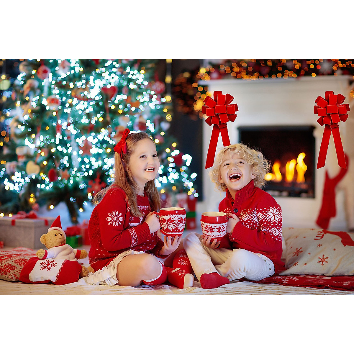 3pcs Red Velvet Ribbon Christmas Bows with Gold Wire, Handmade(26”x 12”) Large Ribbon Bows, Thanksgiving / Christmas Tree Topper, Garland/ Wreath Bow, Tree Topper, Wired Red Christmas Bows