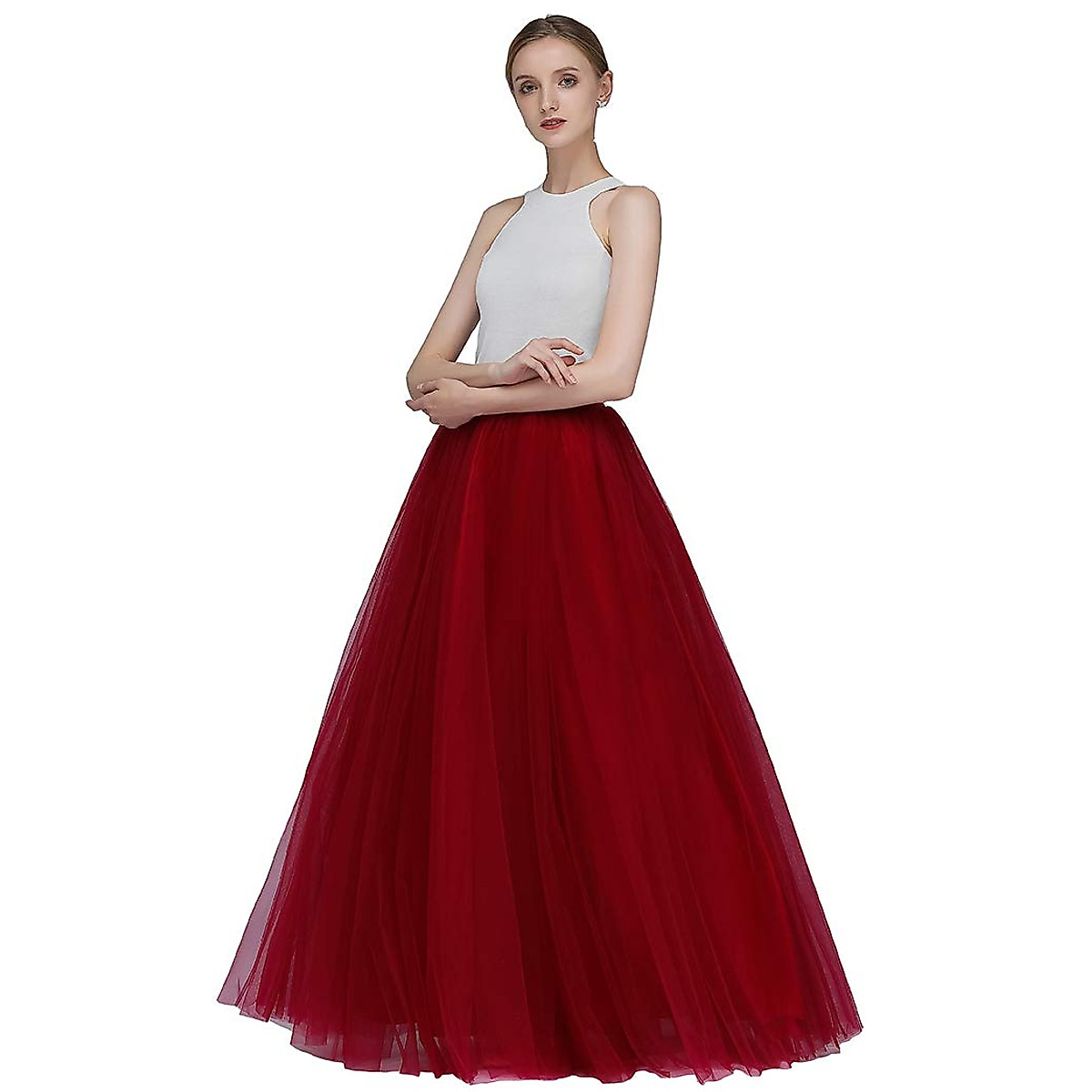EllieHouse A Line Long Maxi Bridesmaid Tulle Skirt for Wedding Evening Party P68 Burgundy L