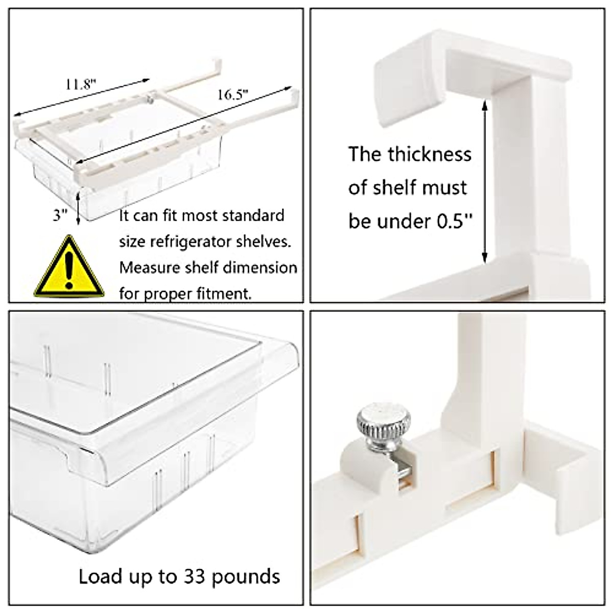 Yesland 2 Pcs Fridge Drawer Organizer with Handle and 4 Divided Sections - Pull-out Refrigerator Storage Drawers Bins and Refrigerator Storage Box - Clear Container for 0.6'' Fridge Shelf