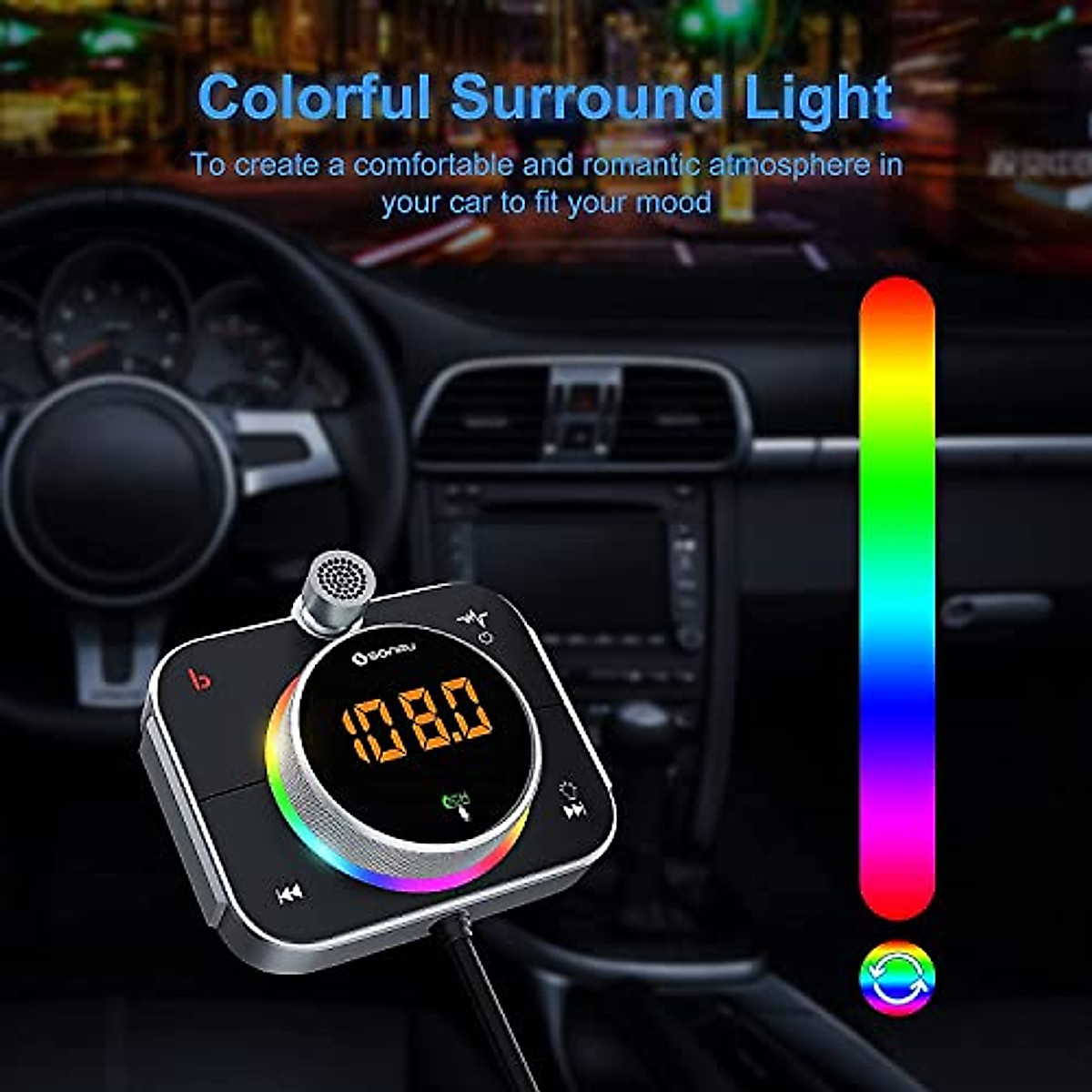 Bluetooth Car Adapter, SONRU QC3.0+PD Bluetooth FM Transmitter for Car Radio [Adjustable Microphone & Bass] [Air Vent Install] Hands-Free Call AUX Bluetooth Receiver for Car, SD Card Slot/Siri