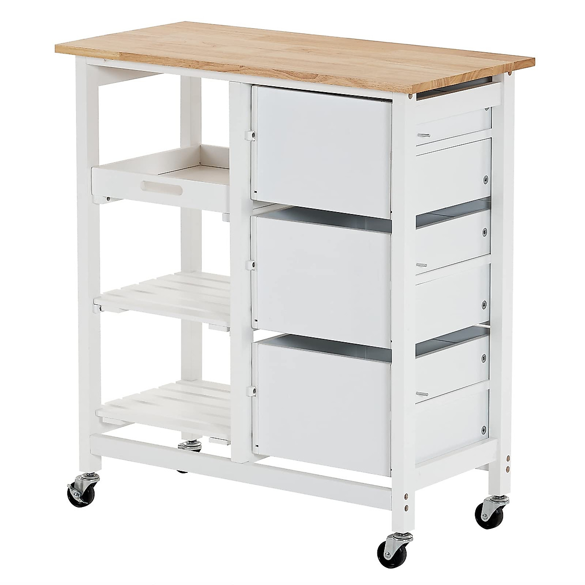 White Mobile Cart on Wheels Coffee Bar w/2 Drawers Kitchen Island Cart with Storage,Rolling Serving Utility Trolley Cart On Wheel with 3 Drawers and 3 Storage Shelves, Kitchen Serving Cart for Bar