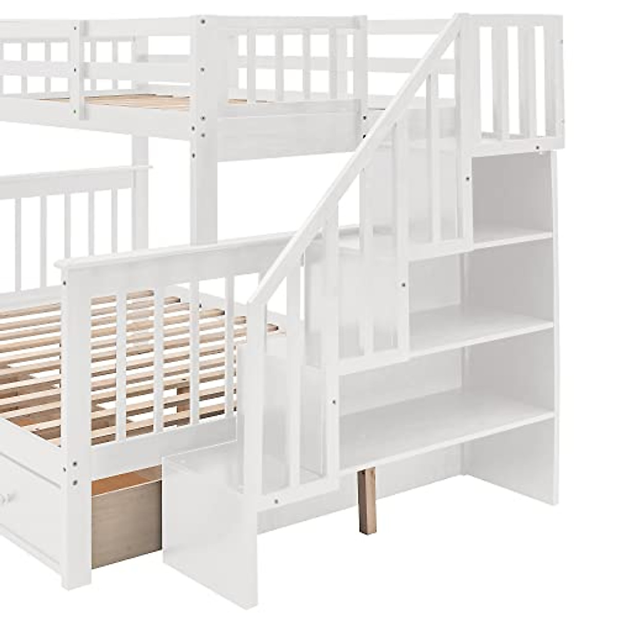 MERITLINE Twin Over Full Bunk Bed with Stairs, Wood Bunk Bed Frame with Storage Drawers and Shelves, No Box Spring Needed, White