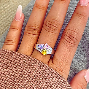 PaulaMax Jewelry Mothers Ring with 3 Birthstones – Custom Engraved Birthstone Ring for Women in Sterling Silver or White Gold – Personalized 3 Heart Birthstones, Size 7