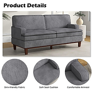 EBELLO 75” Soft Luxury Corduroy Fabric Sofa, Small 3 Seat Sofa for Living Room with Padded Seat, Overstuffed Backrest, Solid Wood Frame Small Sofa for Small Space, Apartment, Grey