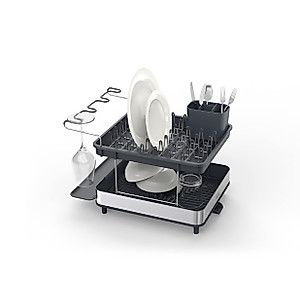 Joseph Joseph Dish Drying Rack with Wine Glass Holder - Space-Saving 2-Tier Design with Fast Draining System
