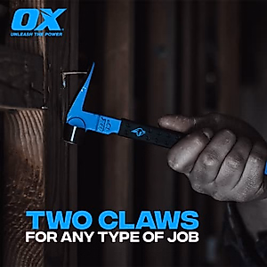 OX Tools Unique Hammer Head 12" Pry Bar - Multi-Functional Tool with Cats Paw, Crowbar | Rubber Grip, Polished Beveled Claws - Forged Steel Design for Strength and Durability