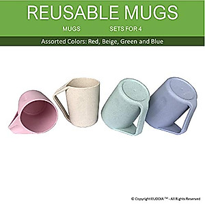 Euodia Wheat Straw Plastic Coffee Cups / Mugs with Handles (Sets for 4) - Dishwasher & Microwave Safe - Unbreakable / Nonbreakable, Lightweight, Eco-Friendly & BPA Free -Kids,Toddlers,Adults & Elderly