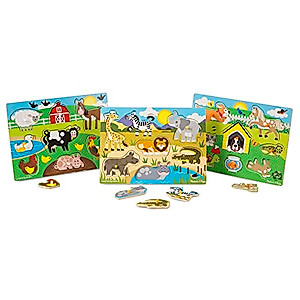 Melissa & Doug World of Animals Wooden Peg Puzzles Set - Pets, Farm, and Safari