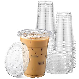 TashiBox Plastic Cups with Flat Lids 100 Sets 16 oz , Clear Crystal drink cups with lids