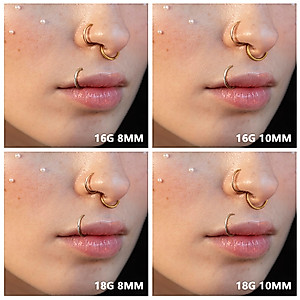 SAILIMUE 8 Pcs 16G 18G G23 Titanium Nose Rings Hoop for Women Men Multi-Color Hinged Cartilage Lip Septum Rings Helix Conch Tragus Piercing Jewelry 8MM 10MM