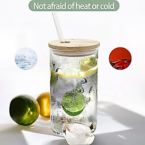 WHEATHUSK 20 Pack Drinking Glass Cups with Bamboo Lids and Glass Straws 16oz Iced Coffee Cups Clear Glass Tumblers Can Shaped Drinking Beer Glasses Cute Cups for Tea, Smoothie, Whiskey, Soda, Gift