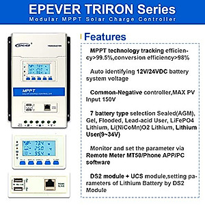EPEVERMPPT Solar Charge Controller 40A, 12V/24V AutoTRIRON4215N Intelligent Modular-Designed Regulator with PC Software and Moblie APP [Updated Version of Tracer A/an Series] (TRIRON 4215N)