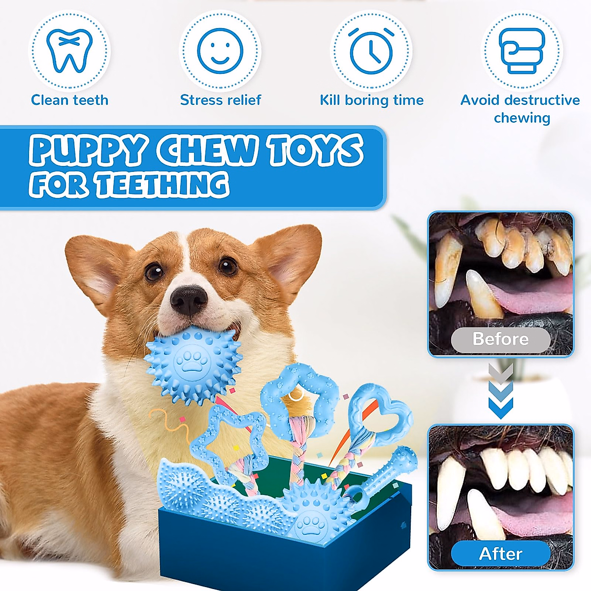 ABRRLO 6 Pack Puppy Toys Cute Blue Puppy Chew Toys for Teething Small Breed Dog Chew Toys Interactive Pet Toy Set for Puppies Soft and Durable Small Breed Doggy Teething Toys