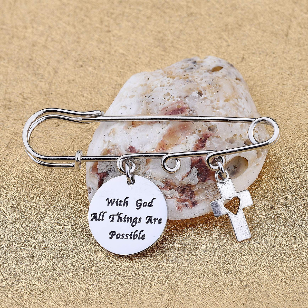 LQRI Cross Charm Safety Pin Brooch With God All Things Are Possible Christian Bible Verse Quote Charm Brooches Being Jewelry