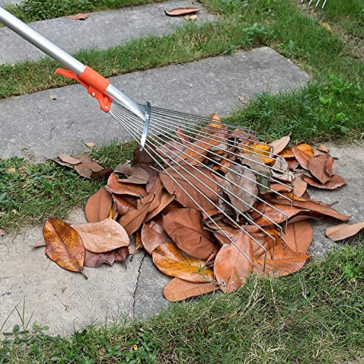 Karveden Adjustable Leaf Rake Garden- Expandable Metal Rakes for Lawns Yard Roof , Outdoor Portable Gardening Tools 8 to 63 Inch Telescopic Rake Easy to Clean Weed, Flowers,Leaves (Orange)