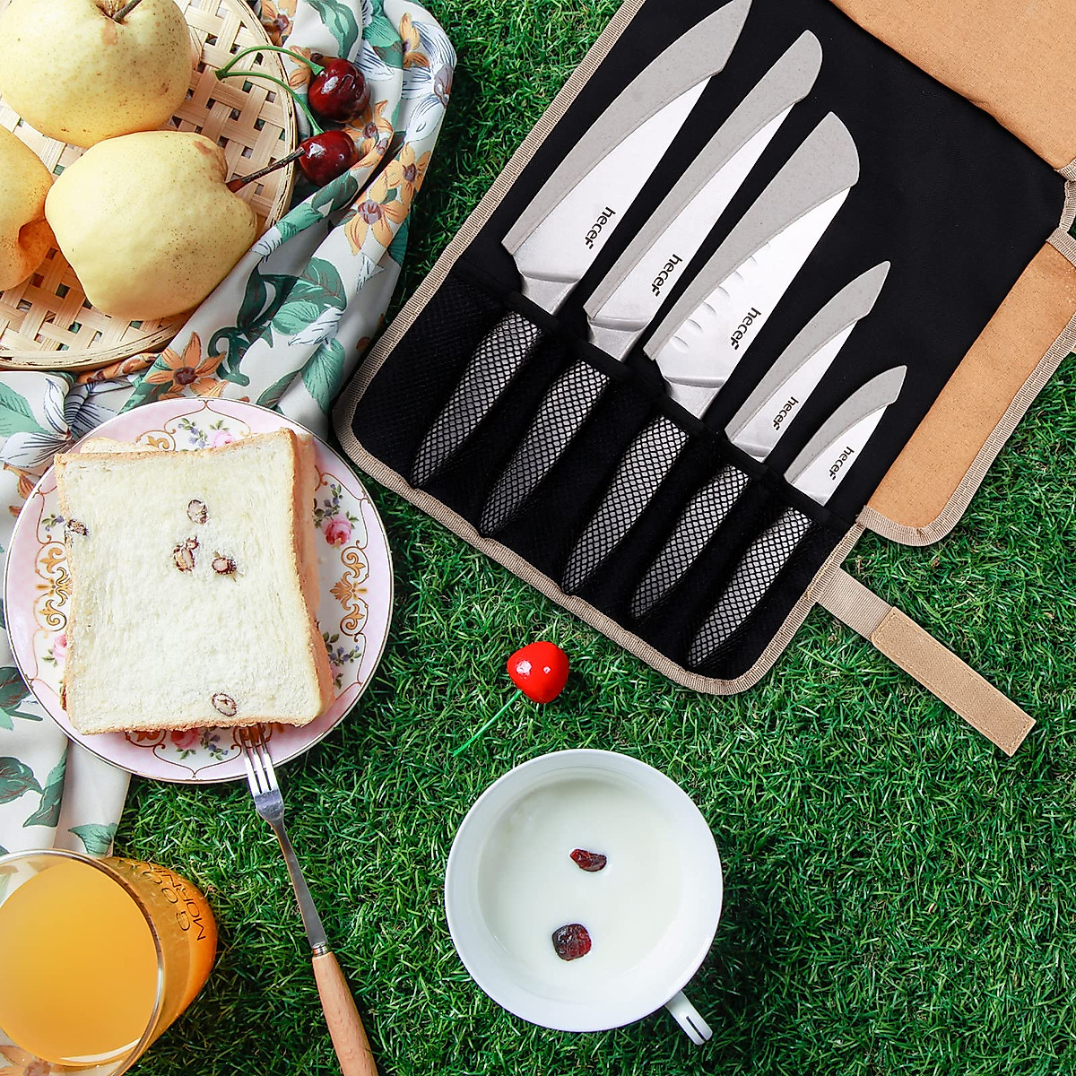 hecef Vintage Style Kitchen Knife Sets,Scratch Resistant Camping Matte Knives with 5 Slots Recycled Oxford Cloth Knife Roll Bag & Covers,Stonewashed High Carbon Stainless Steel Blades & Hollow Handle