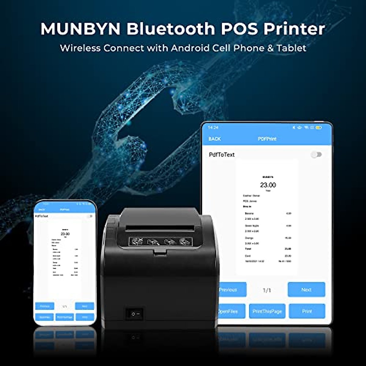 MUNBYN Bluetooth 5.0 POS Printer P047, 80mm Receipt Printer, Direct Thermal Printer with USB Serial Ethernet, Bluetooth, Android Windows PC