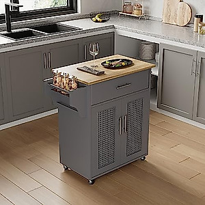 Tornama Kitchen Island with Storage, Rolling Kitchen Island on Wheels with Solid Wood Countertop, Kitchen Island Cart with Rattan Storage Cabinet, Spice Rack, Towel Rack and Drawers, Grey