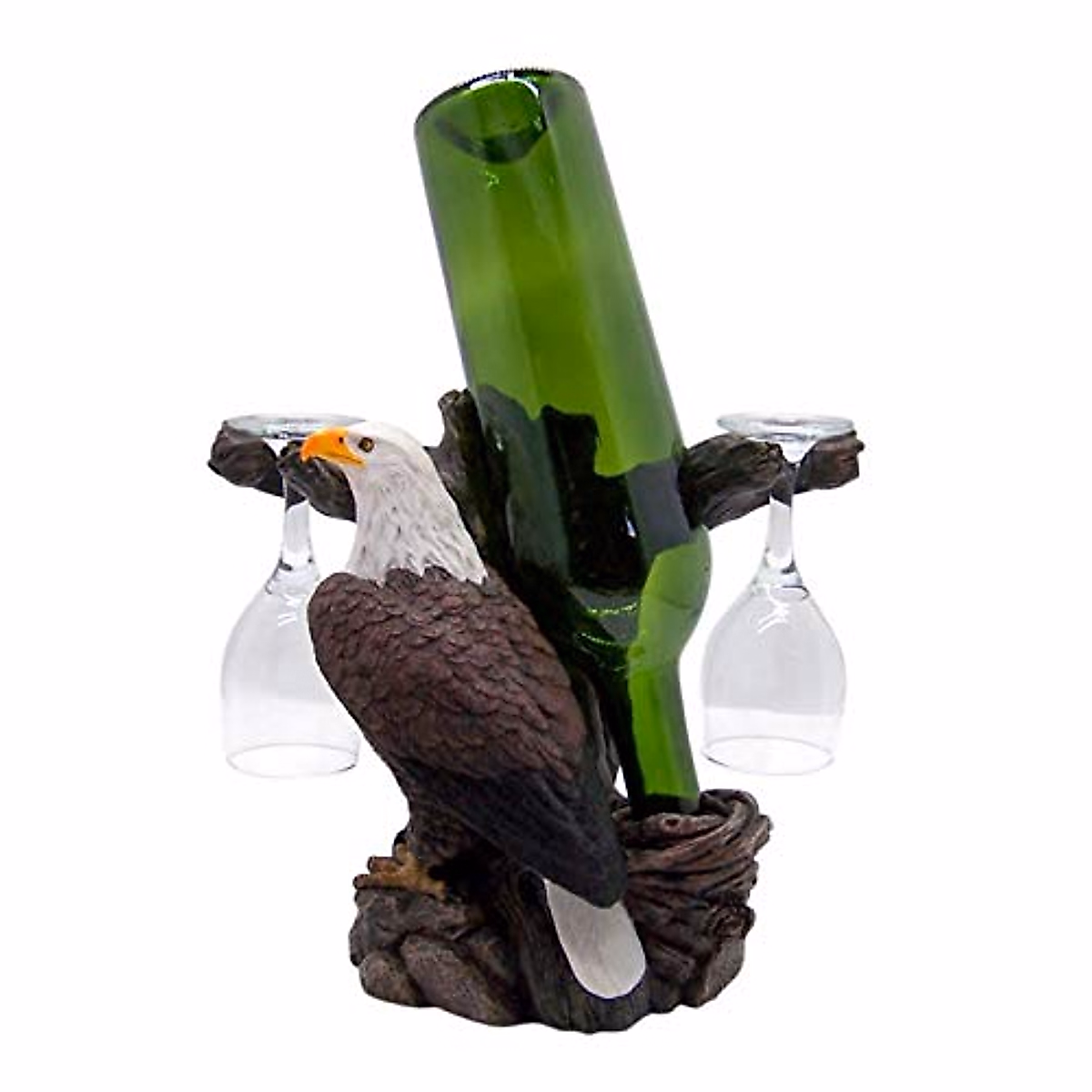 Bald Eagle Statue Wine Bottle Holder with Two Wine Glasses, Kitchen Decor, 8.5 Inch