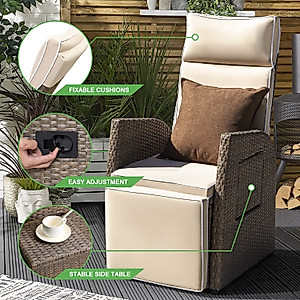 Greesum Patio Recliner All-Weather Wicker Lounge Chair with Flip-up Side Table(Set of Two), Beige