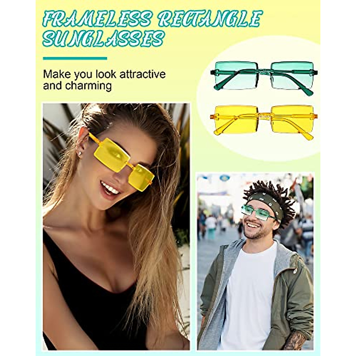 LEIFIDE 16 Pairs Rimless Rectangle Sunglasses Vintage Frameless Sunglasses Transparent Candy Color Glasses Tinted Retro Square Eyewear for Women Men, 16 Colors