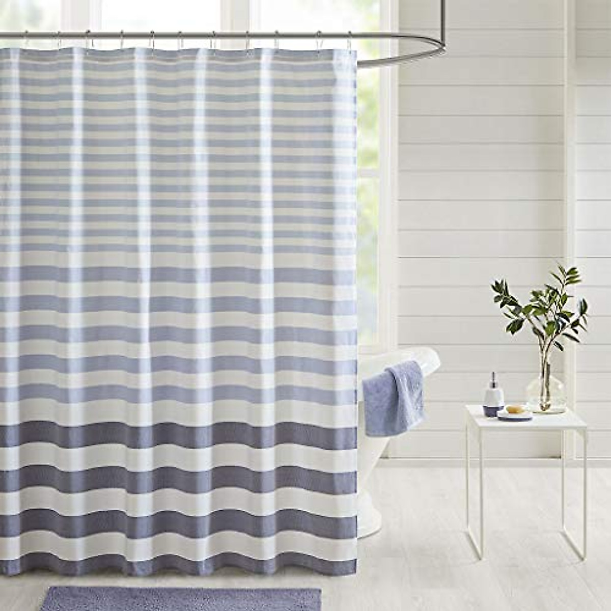 Madison Park Aviana Shower Curtain, Yarn Dyed Woven Stipe Design, Modern Bathroom Decor, Machine Washable, Fabric Privacy Screen 72x72, Navy