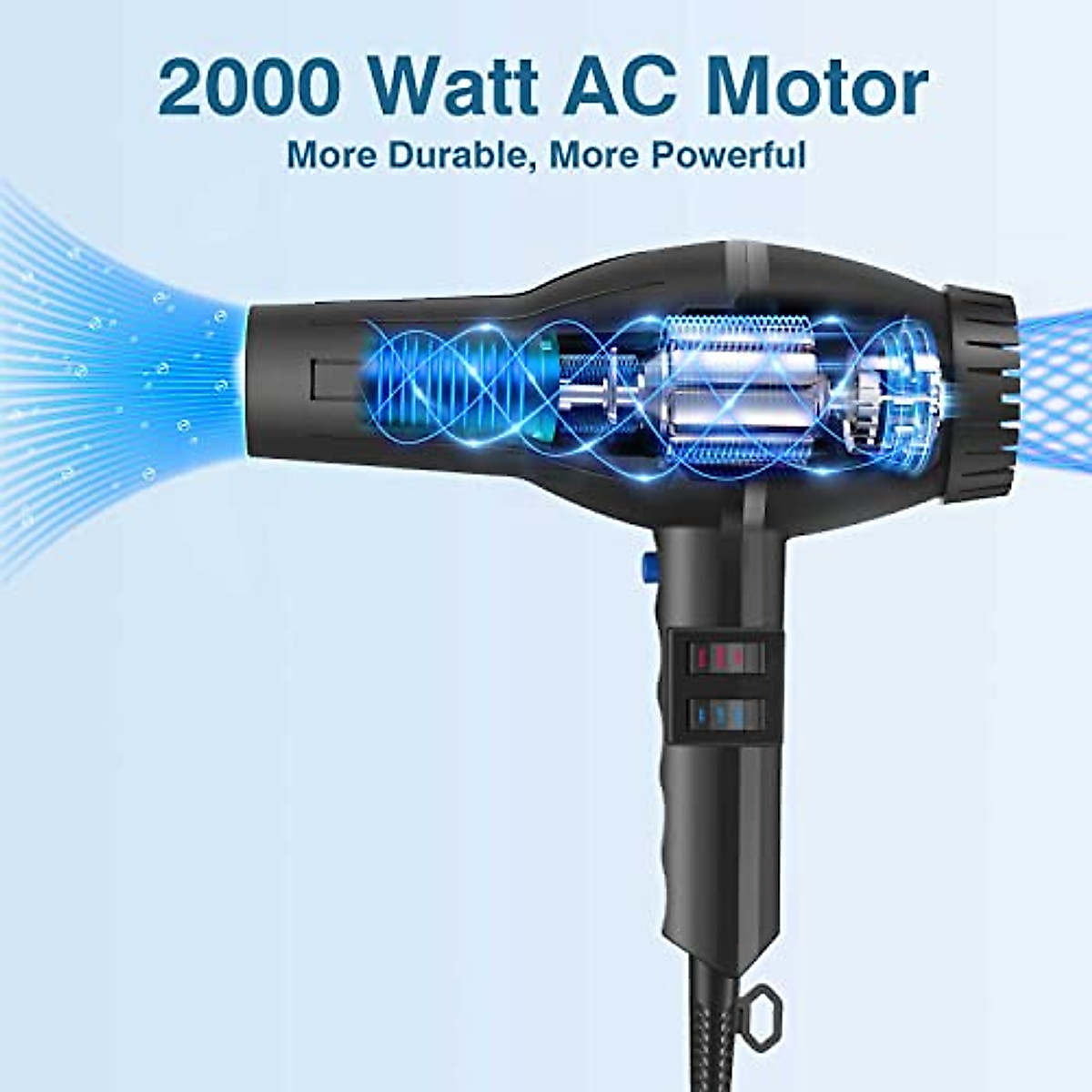 ARDIRO 2000W Professional Hair Dryer, Negative Ionic Salon Hair Blow Dryer for Quick Drying with AC Motor, Hairdryer with Diffuser & Concentrator, 3 Heat & 2 Speed Setting for Women Men Kids -Black