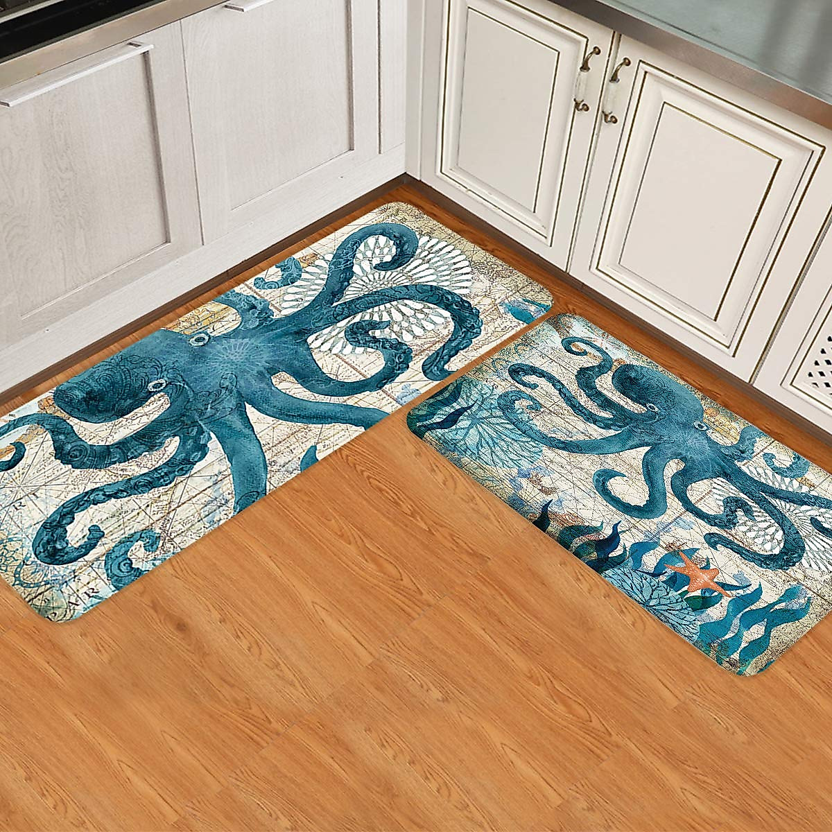 Livencher Kitchen Floor Rug Set 2 Piece Non-Slip Bath Mat Doormat Area Rug Floor Mat for Indoor Home Hotel Office Use, Sea Theme Blue Octopus Coastal Navigation Map 15.7x23.6in+15.7x47.2in
