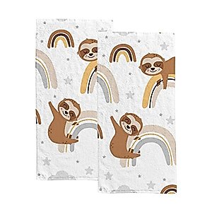 Hand Bath Towels 2 Pack Cute Sloth Rainbow Absorbent Face Fingertip Towels for Bathroom Kitchen Gym Spa Soft Hair Drying Cloth Quick Dry, 30 x 15 Inch