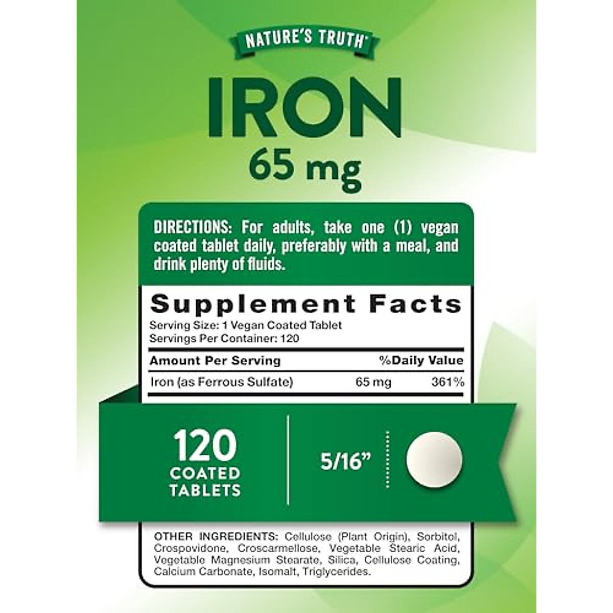 Ferrous Sulfate Iron Supplement | 65 mg | 120 Tablets | Non-GMO, Gluten Free | By Nature's Truth