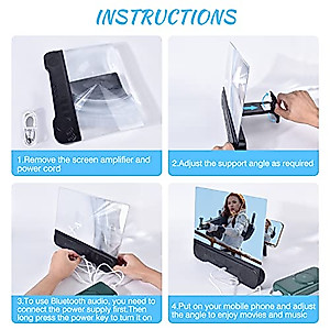 14 inch Phone Screen Magnifier with Bluetooth Speaker,Mobile Phone Screen Amplifier with 2-in-1 Foldable Stretch Stand Holder Portable 3D Screen Magnifying Glass for All Smartphones(Black)