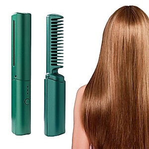Rechargeable Mini Hair Straightener, 2023 New Rechargeable Cordless Hair Straightener Brush, Three Temperature Adjustment Straightening Brush 3D Hair Care Comb for Dry and Wet Hair (Green)