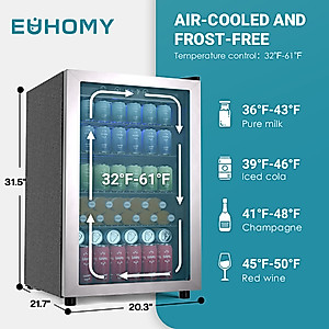 EUHOMY 4.5 Cu.ft Beverage Refrigerator and Cooler, 145 Can Mini fridge with Glass Door for Soda Beer Wine, Small Drink Dispenser with Digital Adjustable Thermostat for Home Office Bar