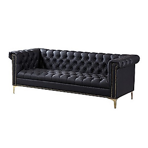 Iconic Home Winston Modern Tufted Gold Nail Head Trim Black PU Leather Sofa with Gold Tone Metal Y-Legs