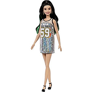 Barbie Fashionistas Doll with Green Streaks in Long Brunette Hair, Wearing Glittery Tank Dress and Accessories, for 3 to 7 Year Olds