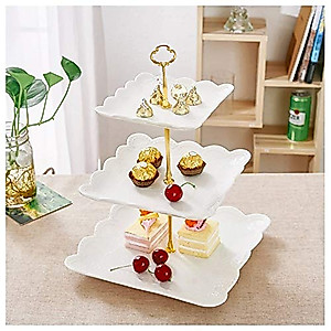 Sumerflos 3 Tier Porcelain Cupcake Stand, Tiered Serving Cake Stand, Square White Embossed Dessert Stand, Weddings Parties Pastry Serving Tray
