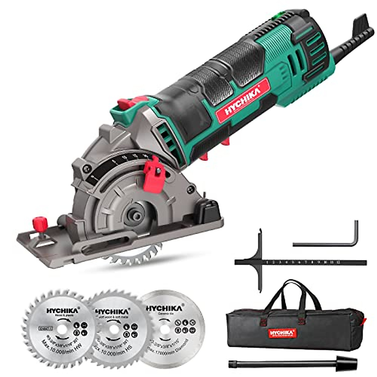 Mini Circular Saw, HYCHIKA Compact Circular Saw Tile Saw with 3 Saw Blades 4A Pure Copper Motor, 3-3/8”4500RPM Ideal for Wood, Soft Metal, Tile and Plastic Cuts, Laser Guide, Scale Ruler