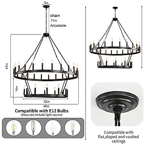 celimi Wagon Wheel Chandelier Large Black Round Modern Farmhouse Light Fixtures for High Ceilings, Dining Room,Living Room (36-lights)