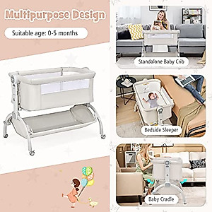 HONEY JOY Portable Baby Bassinet, 3-in-1 Bedside Sleeper Cradle w/Soft Mattress & Storage Basket, Newborn Infant Travel Crib w/ 7-Level Adjustable Height, 4 Lockable Wheels & Carry Bag (Beige)