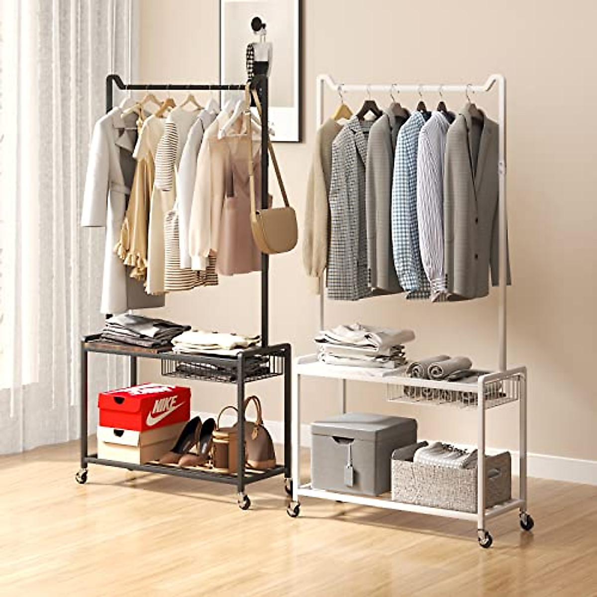 XYZLVSI 3-Tier Rolling Clothing Garment Rack for Hanging Clothes, 3-in-1, with Coat Rack, Movable Basket and 2 Storage Shelves, White